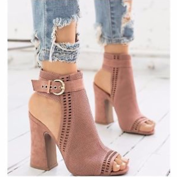 Boutique | Shoes | Blush Pink Laser Cut Slingback Block Heel Bootie ...